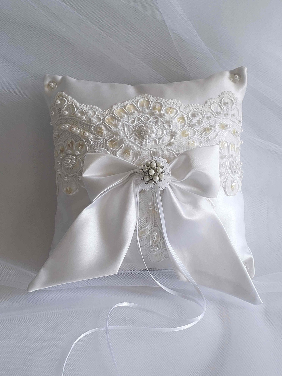 Wedding White Satin Bearer Ring Pillow, Wedding Cushion With Rhinestone ...