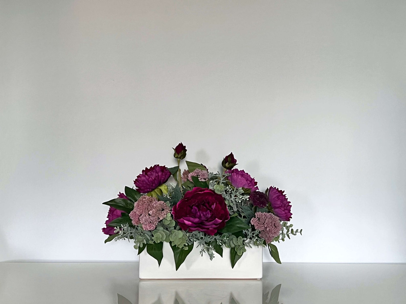 Peonies Arrangement in White Vase, Burgundy Faux Floral Centerpiece ...