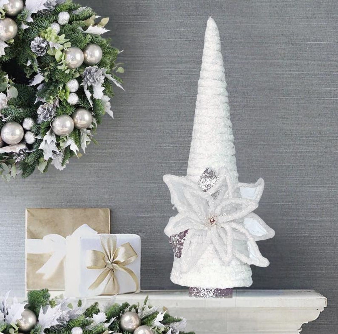 Christmas White Cone Tree, Xmas Poinsettia Decor , Holiday Decor ...