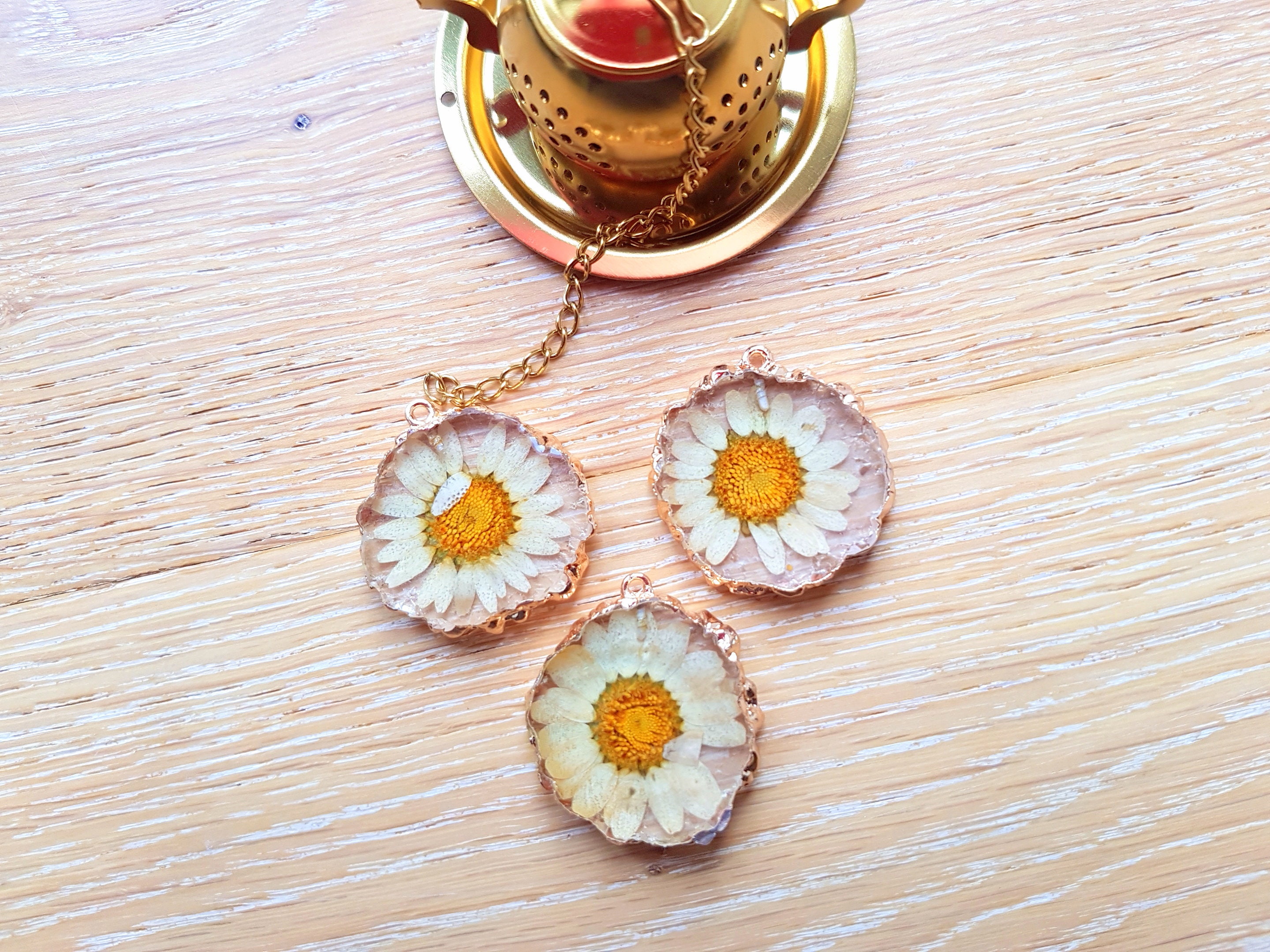 Tea Infuser With Real Daisy Flower in Resin Pendant With Gold - Etsy