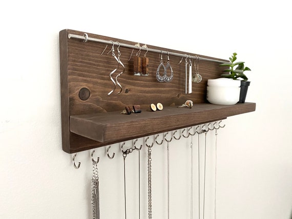Wall Mounted Jewelry Organizer Holder with Shelf Rustic Wood Jewelry Hanger with Hooks and Bar Etsy