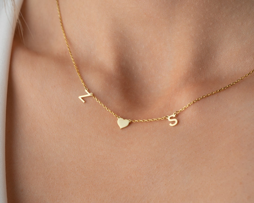 14k Solid Gold Custom Initial Necklace, Initial Name Necklace ...