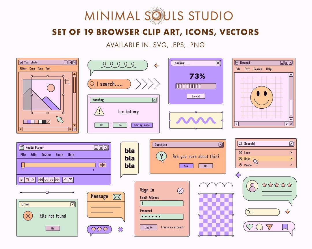 Set of 19 Browser Computer Interface Windows Vaporwave Style Retro PC ...