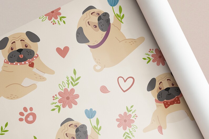 Set of 12 Seamless Baby Pug Pattern, Dog Puppy Spring Flowers, Fabric ...