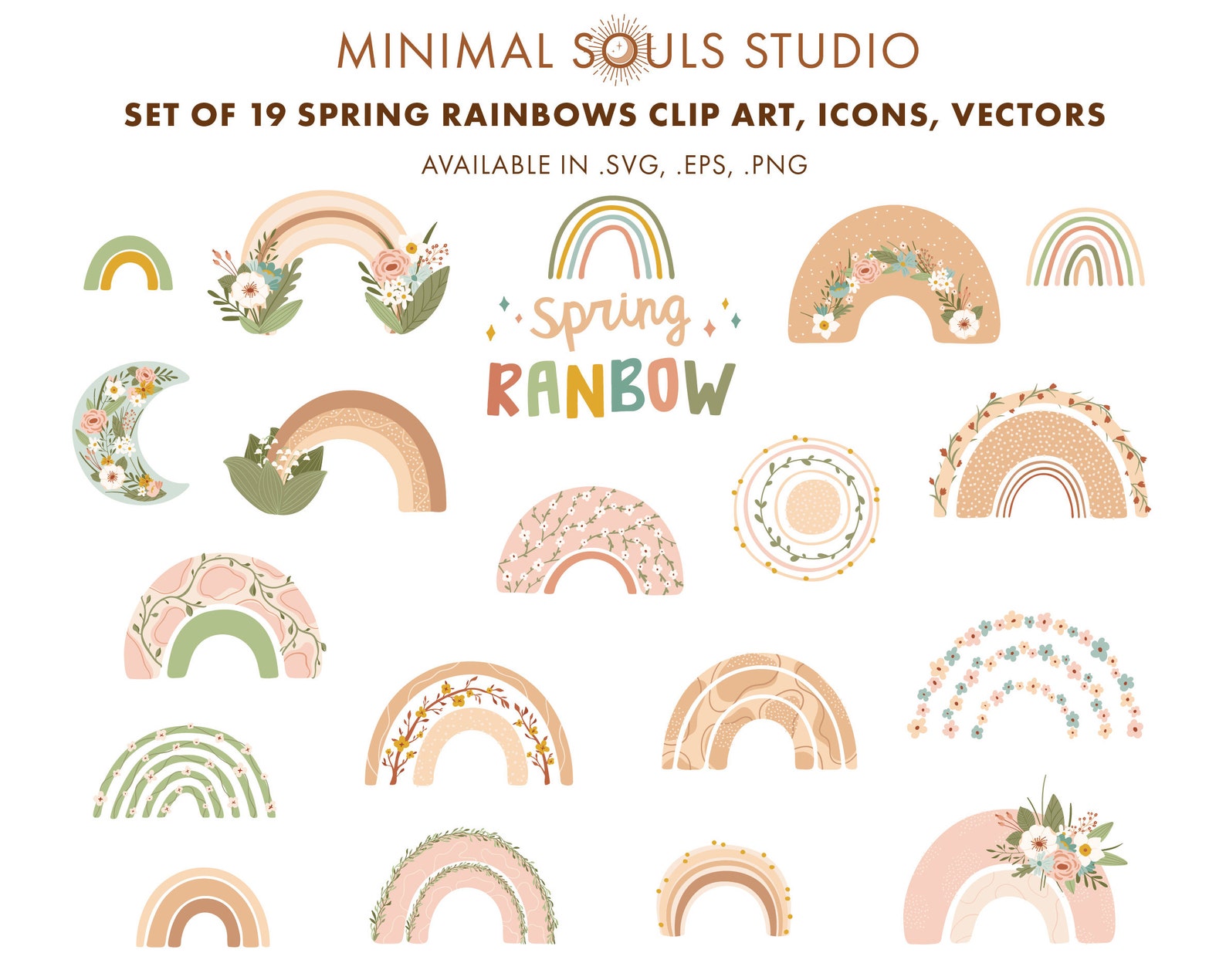 Set of 19 Cute Spring Rainbows With Flowers Pastel Colors Isolated ...