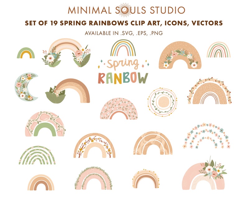 Set of 19 Cute Spring Rainbows With Flowers Pastel Colors Isolated ...