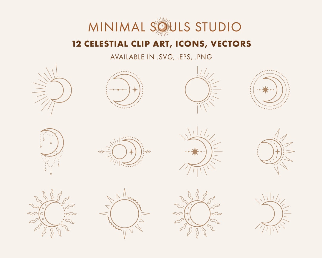Set of 12 Esoteric Symbols With Moon & Sun Celestial Illustration in ...