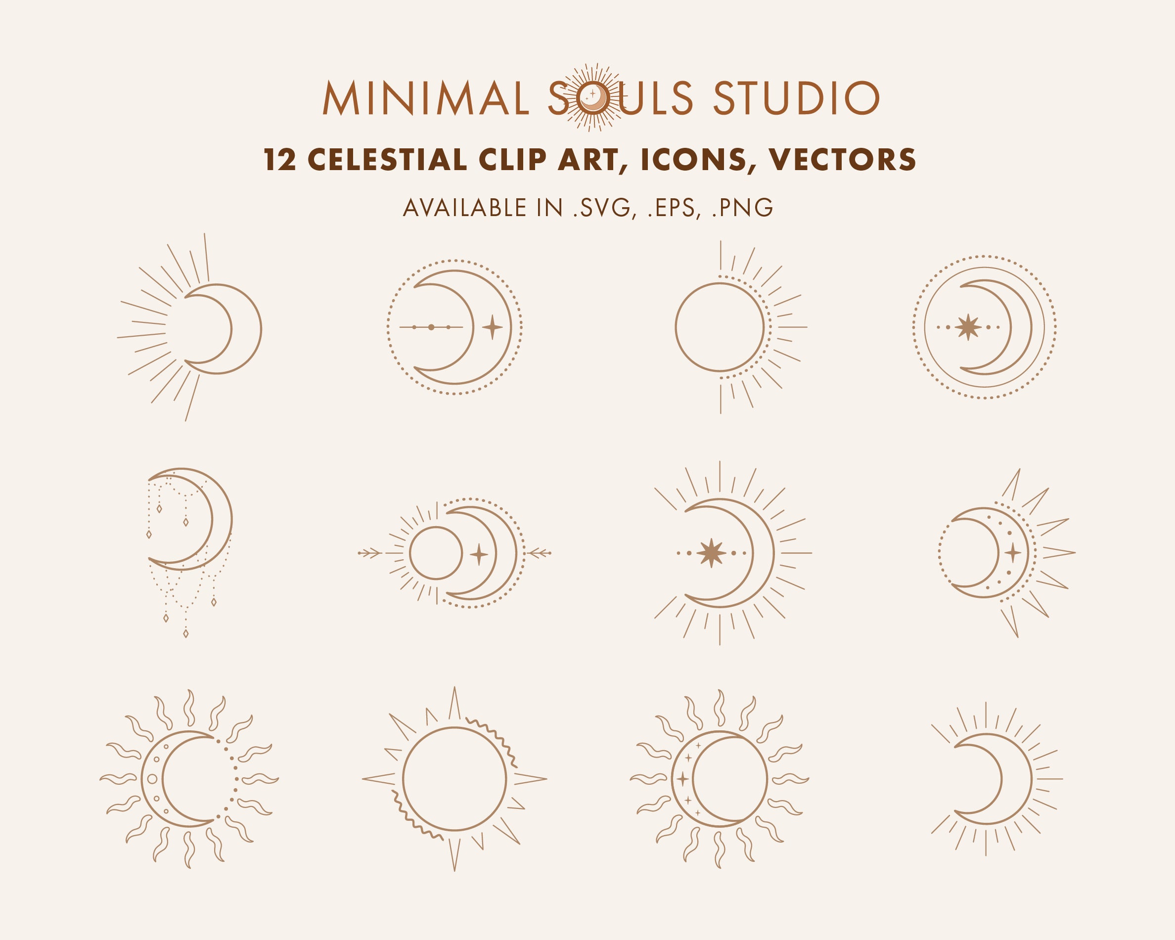 Set of 12 Esoteric Symbols With Moon & Sun Celestial Illustration in ...