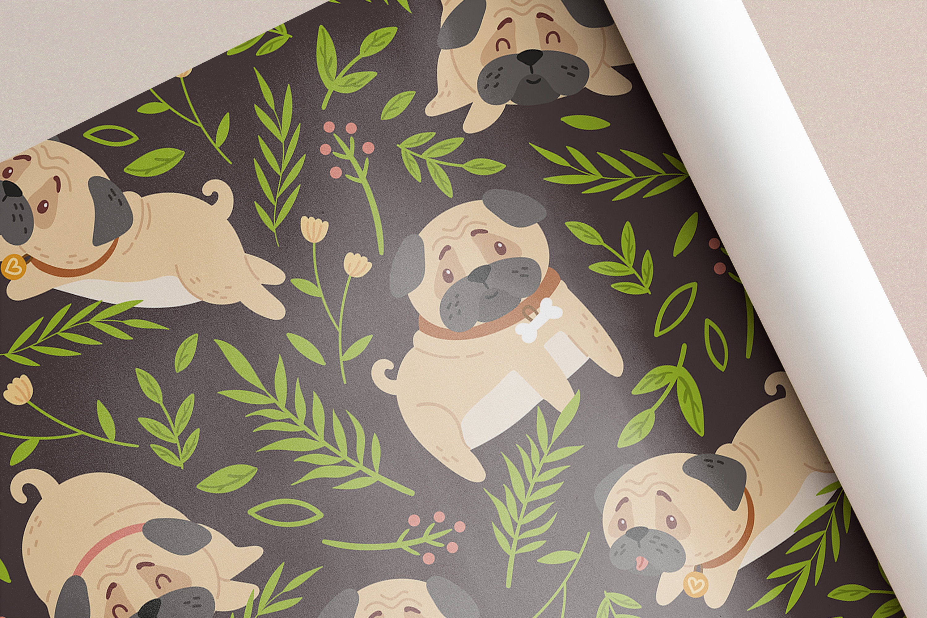 Set of 12 Seamless Baby Pug Pattern, Dog Puppy Spring Flowers, Fabric ...