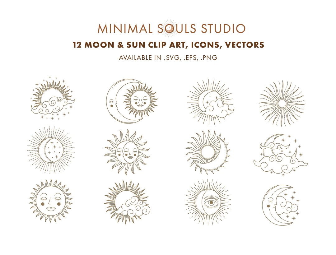 Set of 12 Magical Moon Sun Golden Boho Astrology Sun Moon Stars Clouds ...