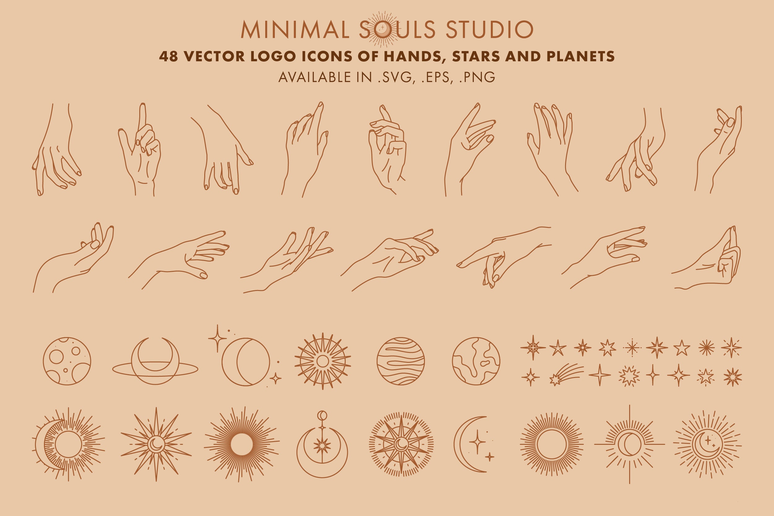 48 Hand Logo Creator Linear Hand Gestures Moon Phases Stars Sun Planets ...