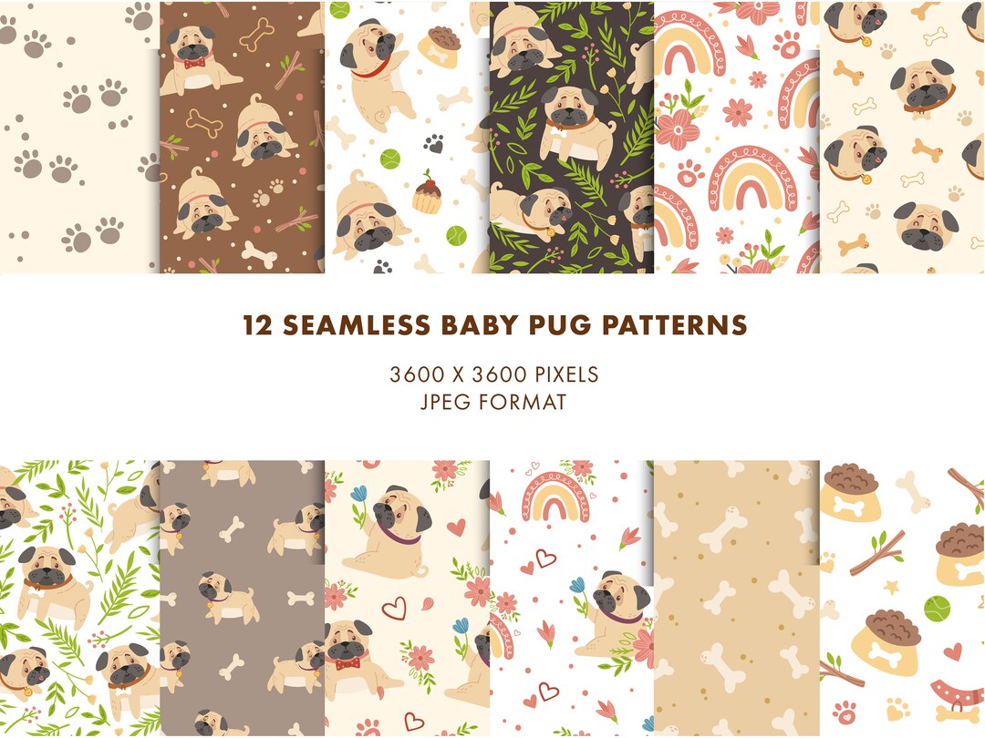 Set of 12 Seamless Baby Pug Pattern, Dog Puppy Spring Flowers, Fabric ...
