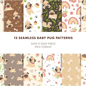 Set of 12 Seamless Baby Pug Pattern, Dog Puppy Spring Flowers, Fabric ...