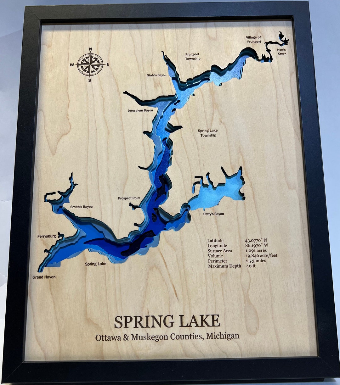Spring Lake, Michigan Bathymetric Map, 3D Laser Cut and Engraved ...