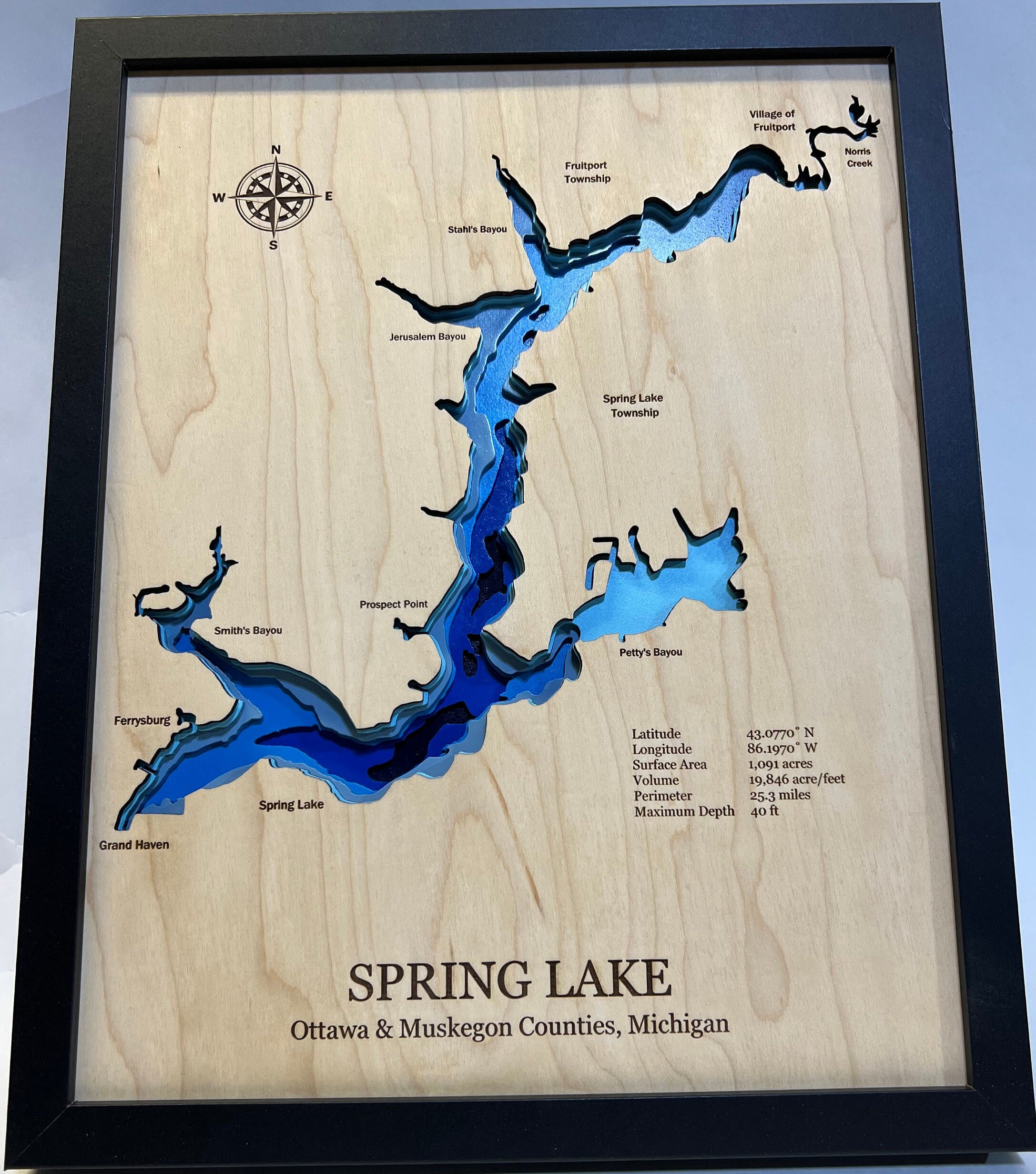 Spring Lake, Michigan Bathymetric Map, 3D Laser Cut and Engraved ...