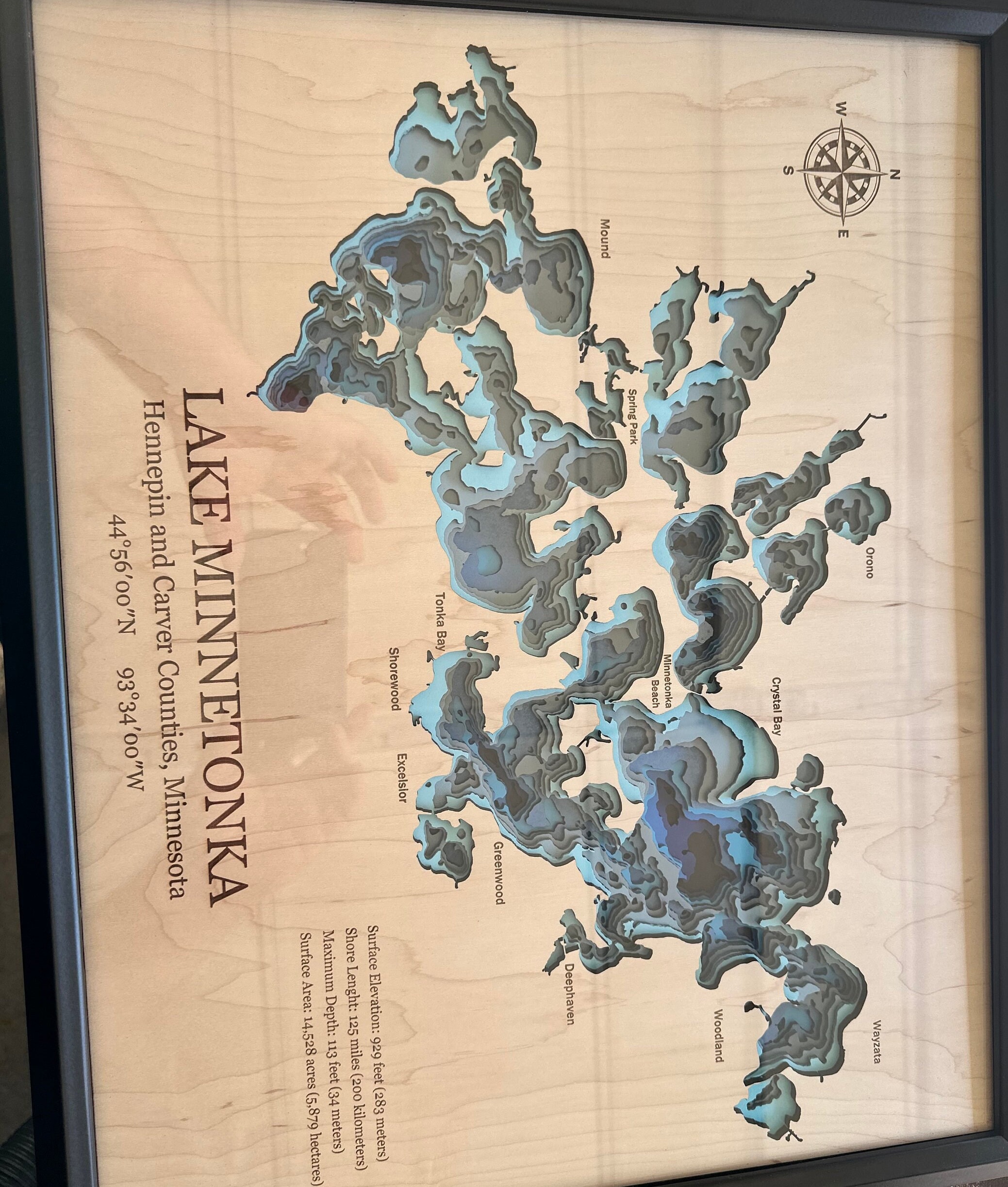 Lake Minnetonka Bathymetric Map, 3D Laser Cut and Engraved, Multilayers ...