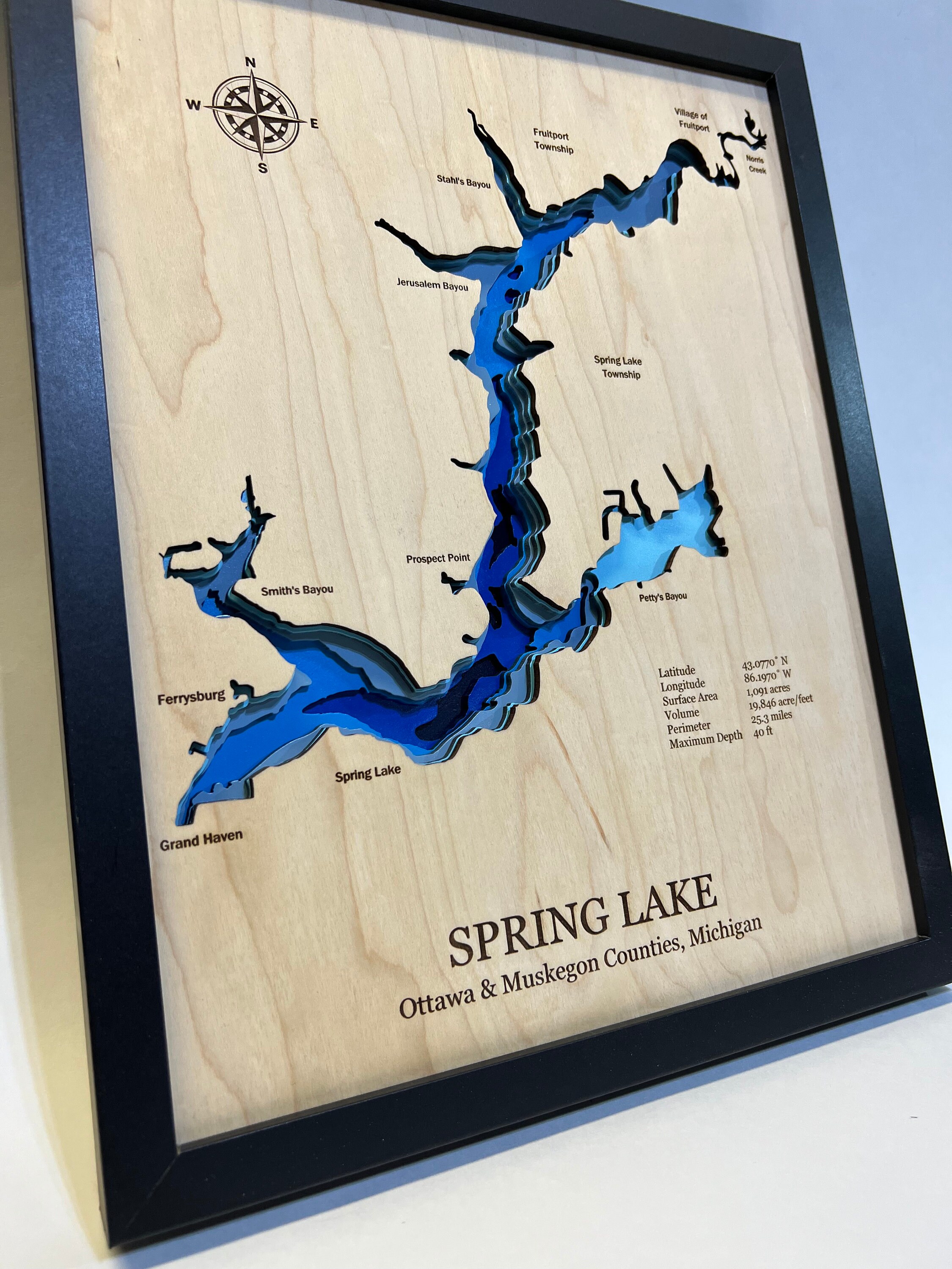Spring Lake, Michigan Bathymetric Map, 3D Laser Cut and Engraved ...