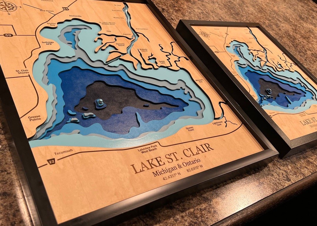 Lake St. Clair, Michigan Bathymetric Map, 3D Laser Cut and Engraved, Multilayers of Depth - Etsy
