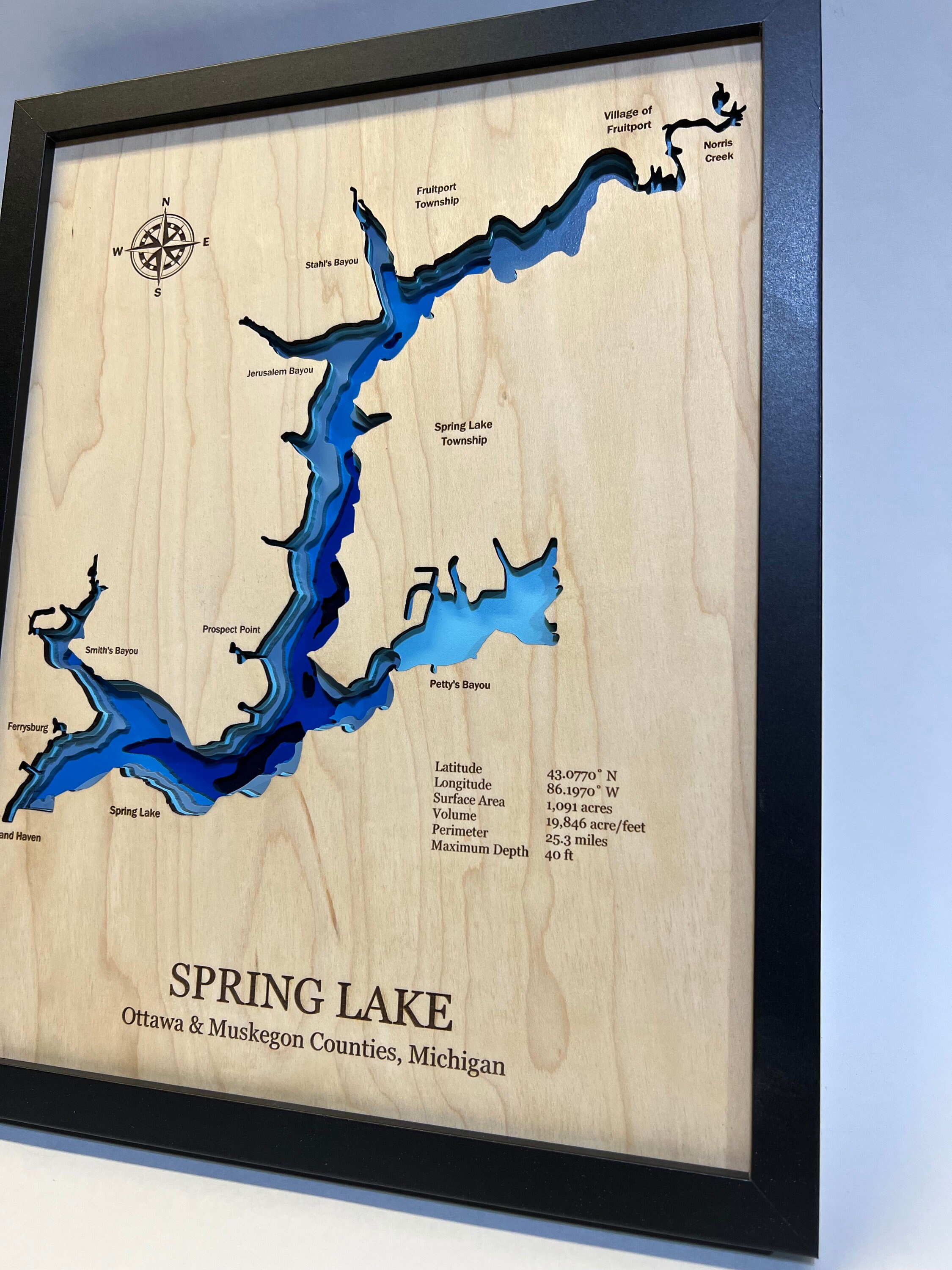 Spring Lake, Michigan Bathymetric Map, 3D Laser Cut and Engraved ...