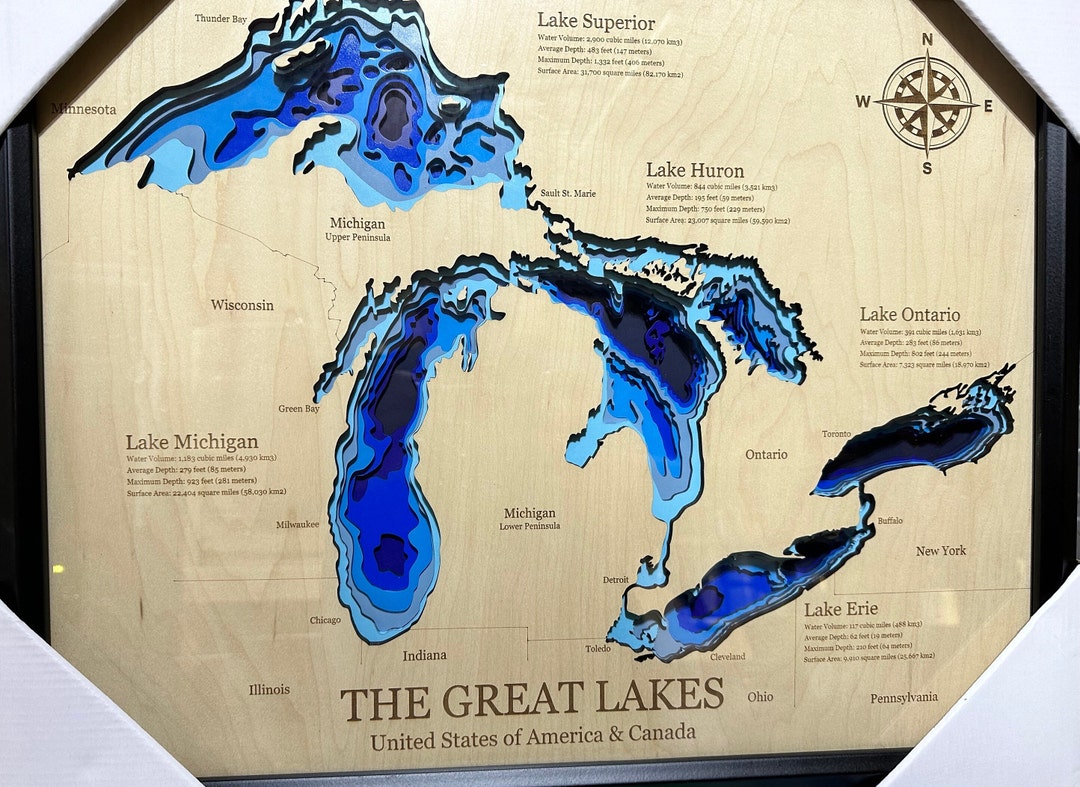 The Great Lakes Bathymetric Map, 3D Laser Cut and Engraved, Multilayers ...