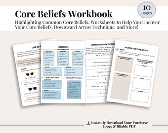 Common Core Beliefs Worksheets for Therapists, Cognitive Behavioral Therapy CBT Tool Maladaptive ...