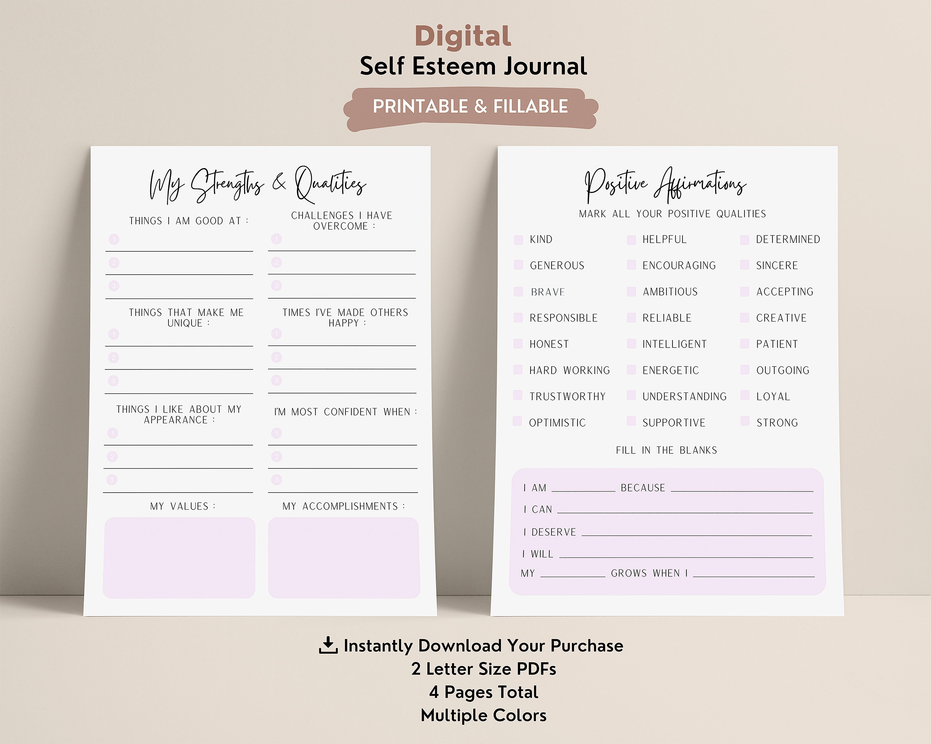 Self Esteem Printable Interactive Journal, My Strengths & Qualities ...