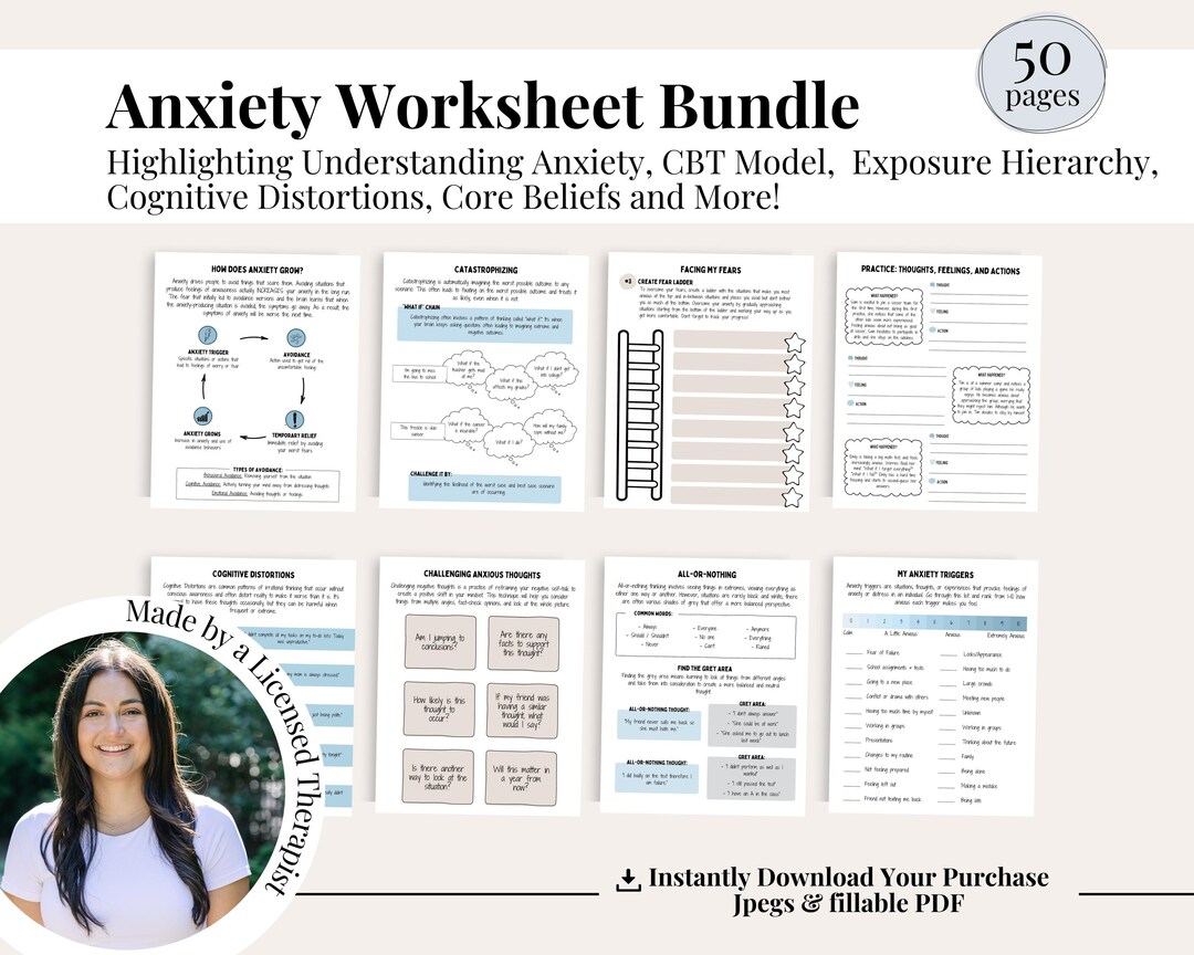 Anxiety Worksheet Bundle: CBT, Coping Skills, Anxiety Triggers (digital ...
