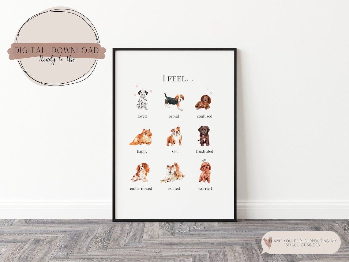 Feelings Poster, Dog Feelings Chart, Dog Wall Art, Mental Health Poster ...