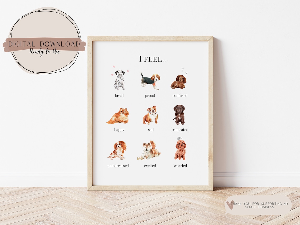 Feelings Poster, Dog Feelings Chart, Dog Wall Art, Mental Health Poster ...