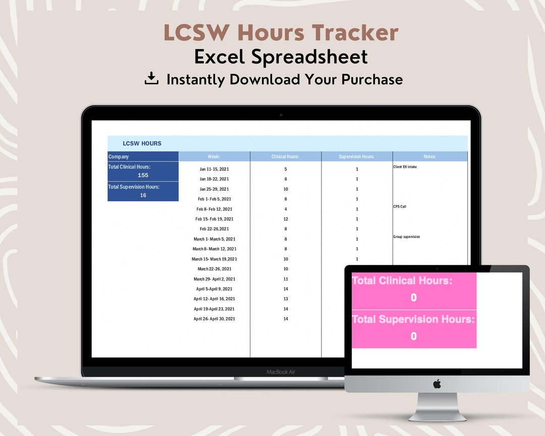 LCSW Hour Tracker, Social Worker Hour Spreadsheet, Track LCSW Supervision Hours, Therapist ...