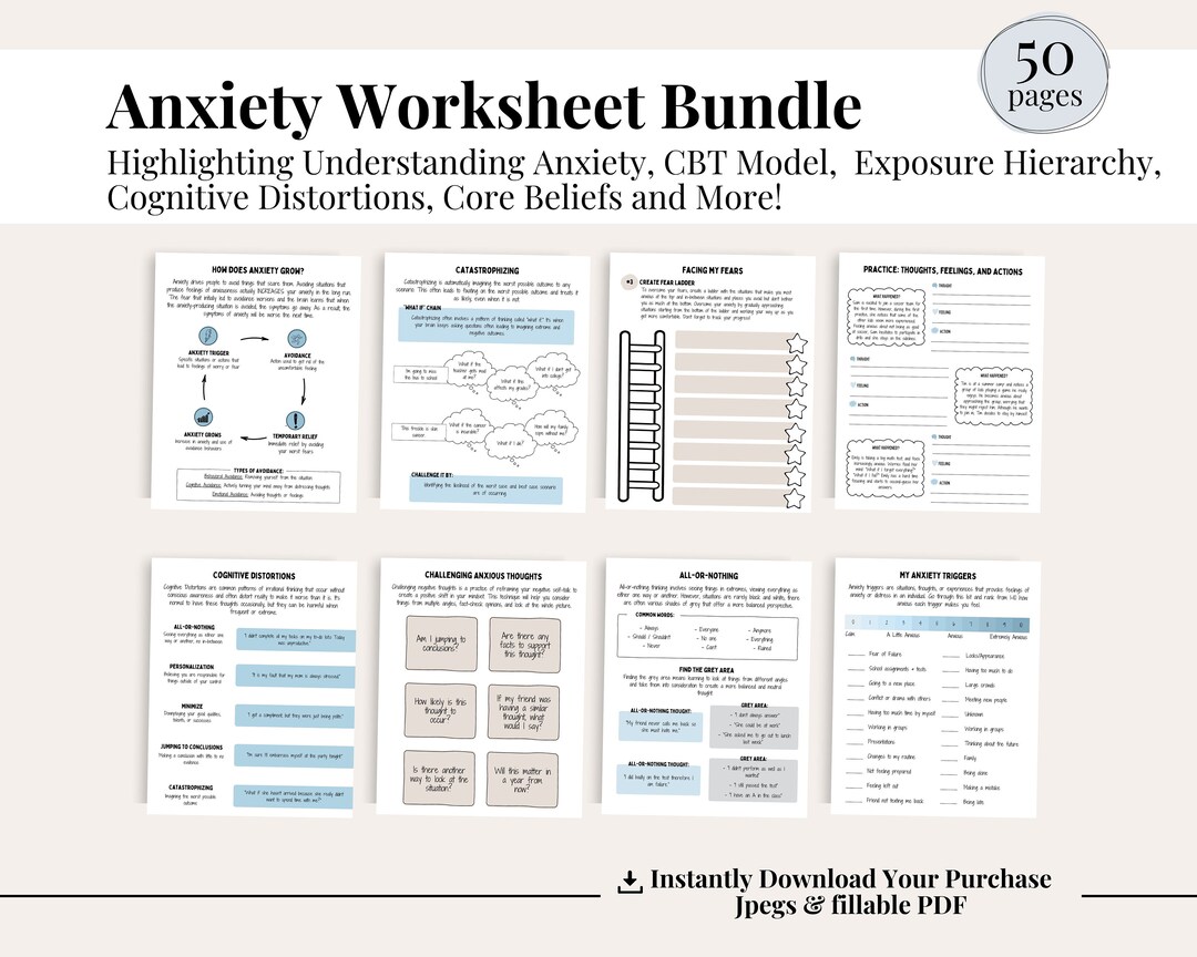 Anxiety Worksheet Bundle, CBT Worksheets, Therapy Worksheet ...