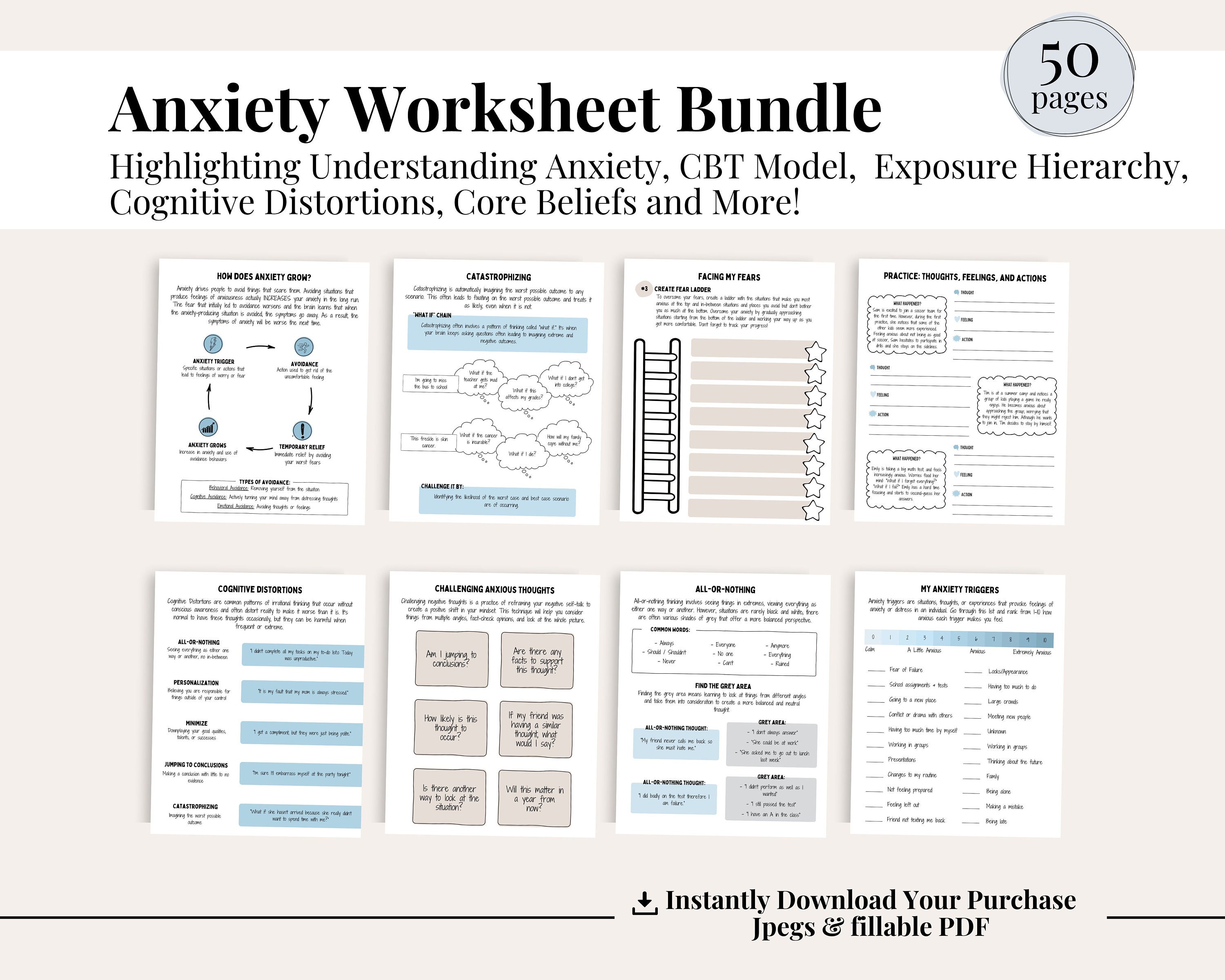 Anxiety Worksheet Bundle, CBT Worksheets, Therapy Worksheet ...