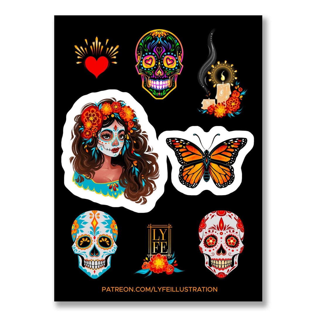 Hoja de calcomanías del Día de los Muertos con calaveras de azúcar ...