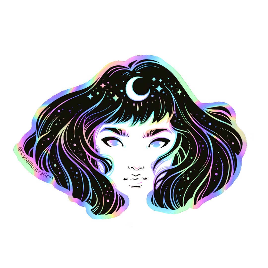 Holographic Galaxy Moon Girl Sticker - Etsy