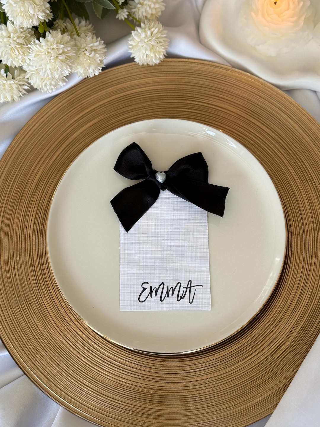 Personalized Wedding Place Card: Textured Cardstock With Satin Bow - Etsy
