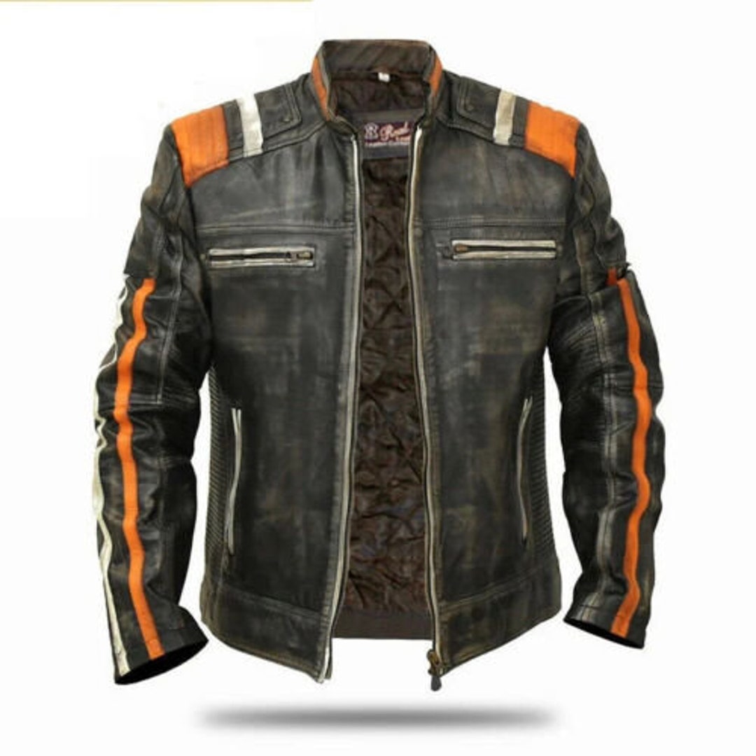 Men's Retro 3 Cafe Racer Biker Vintage Distressed Real Leather Jacket ...