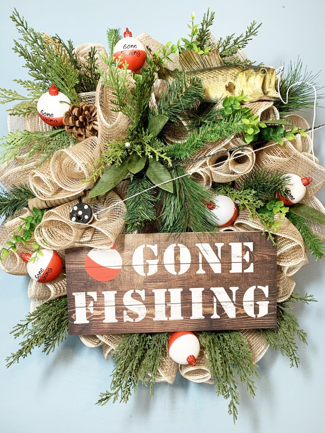 Gone Fishing Wreath Rustic Cabin Decor Mancave or Farmhouse Decor ...