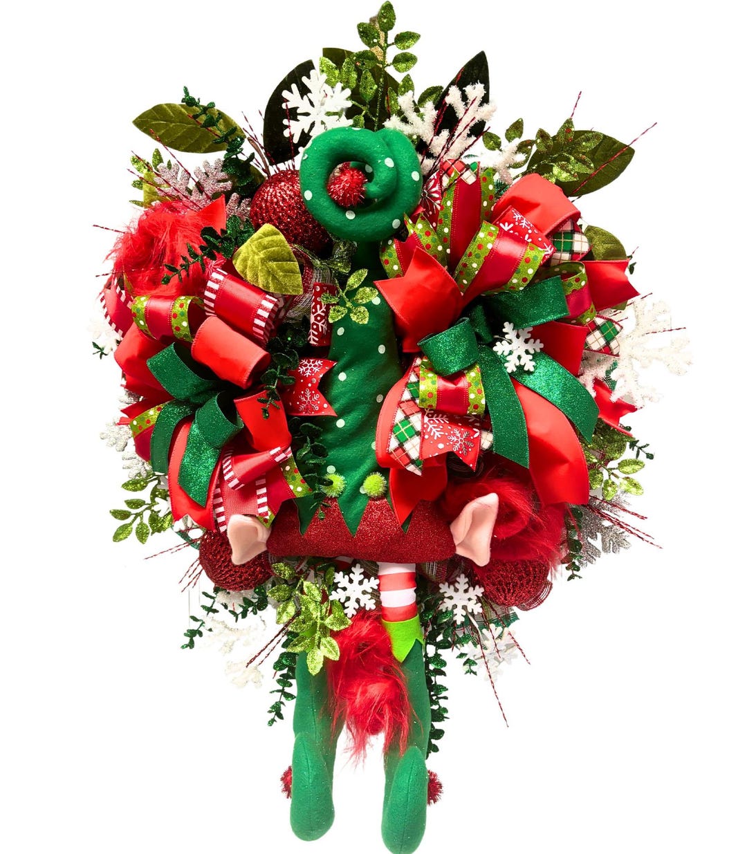 Whimsical Elf Christmas Wreath Festive Holiday Door Decor in Red ...
