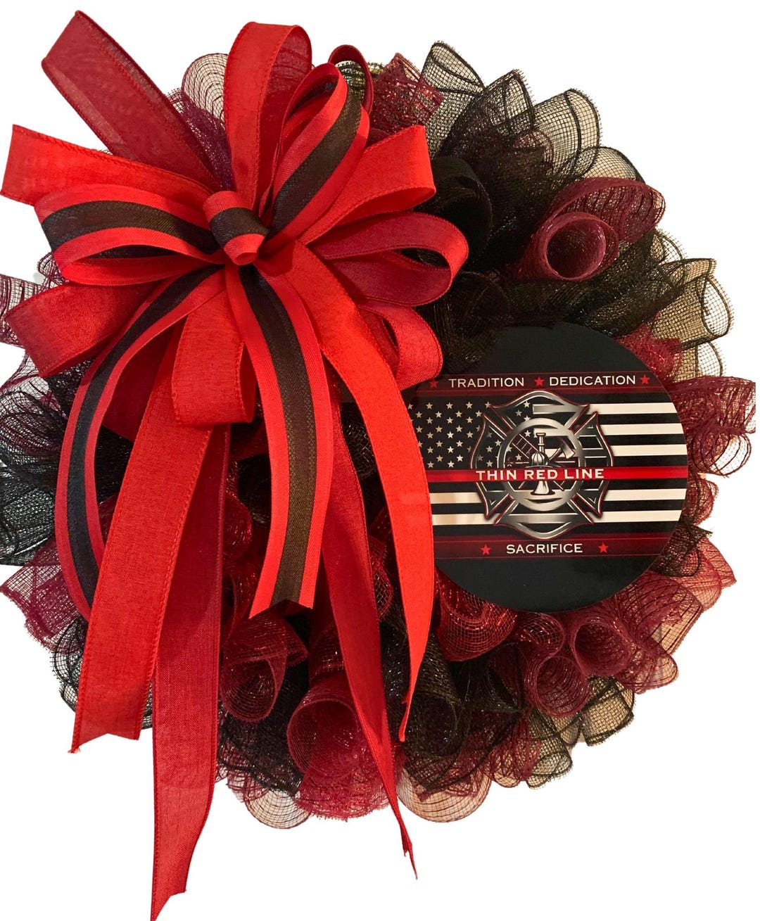 Firefighter Thin Red Line Honor Wreath - Front Door or Funeral Tribute ...