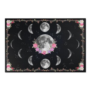 Moon Phase Rug - Constellations Boho Area Rug - Floral Design on Black ...
