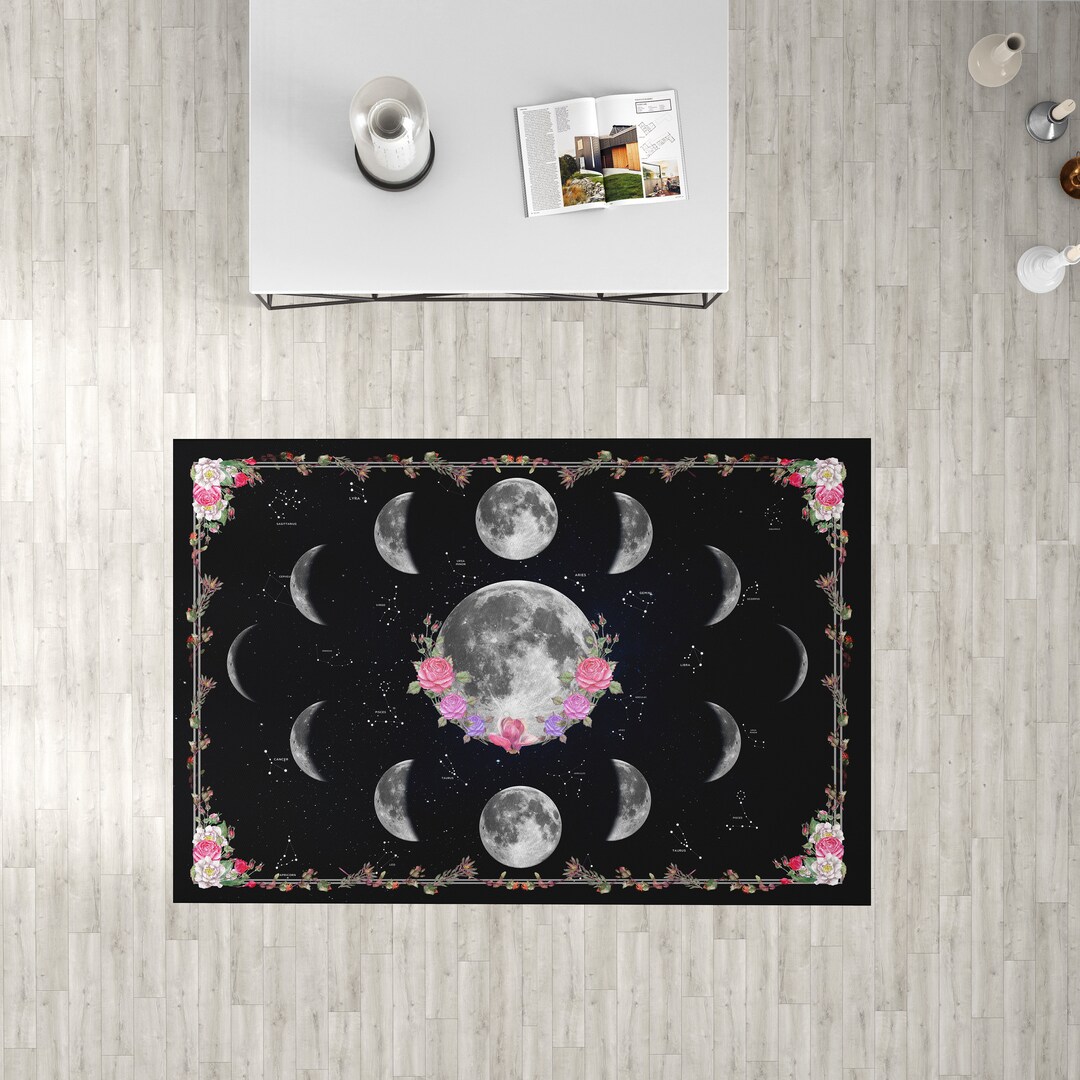 Moon Phase Rug - Constellations Boho Area Rug - Floral Design on Black ...
