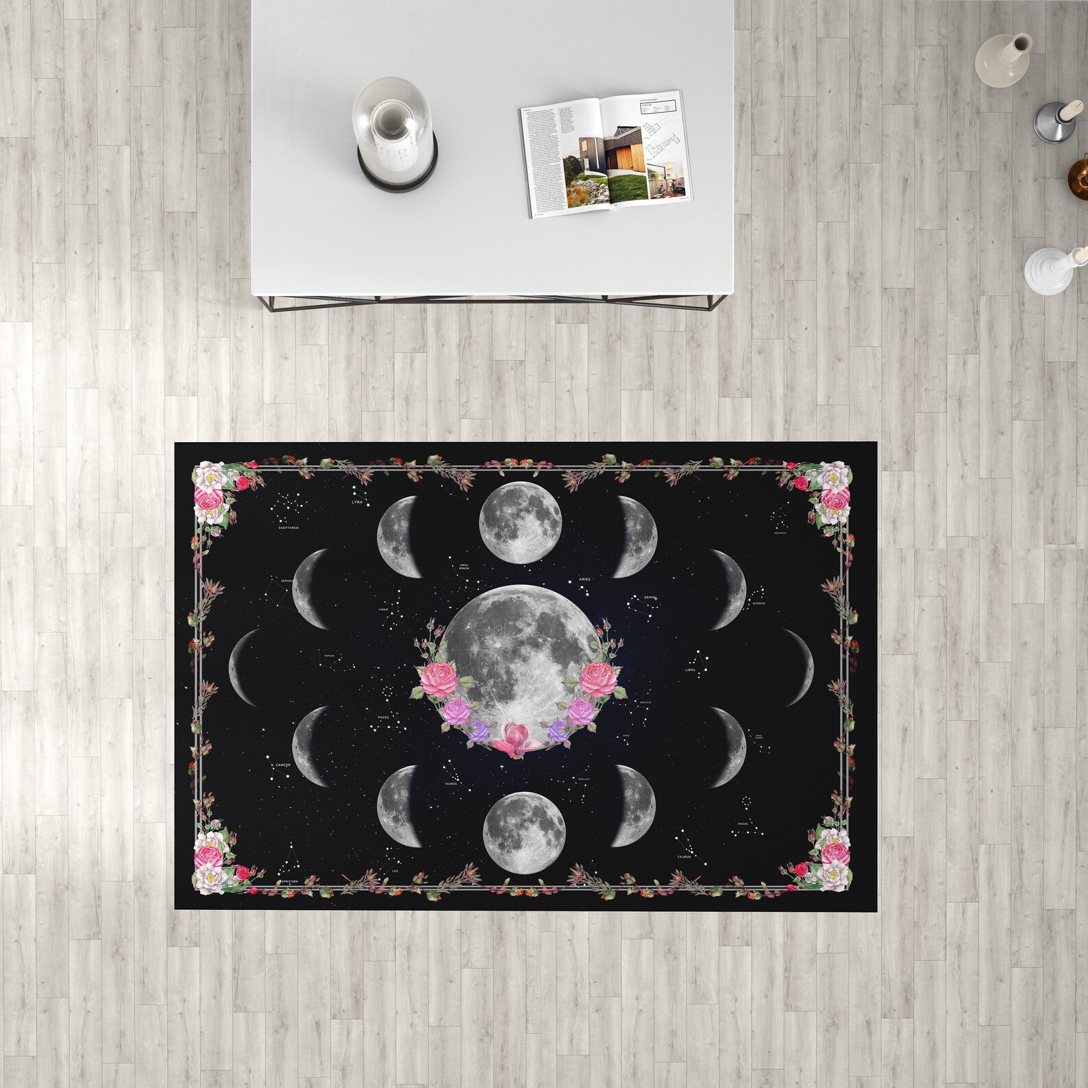 Moon Phase Rug Constellations Boho Area Rug Floral Design - Etsy