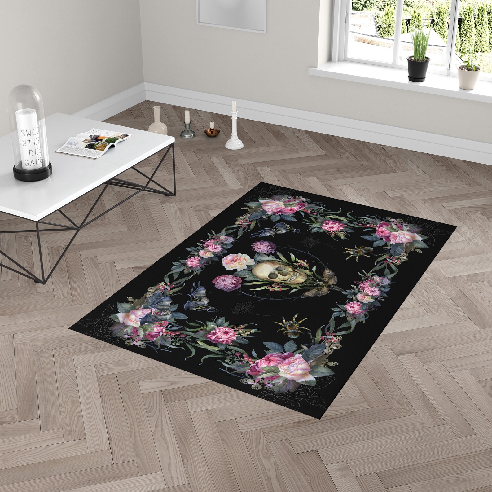 Gothic Rug Skull and Roses Area Rug With Watercolor Pink - Etsy Singapore