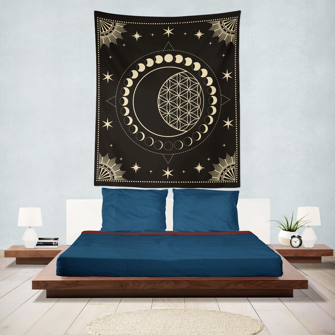 Moon Tarot Tapestry- Moon Phase Wall Tapestry - Golden Color on Black ...