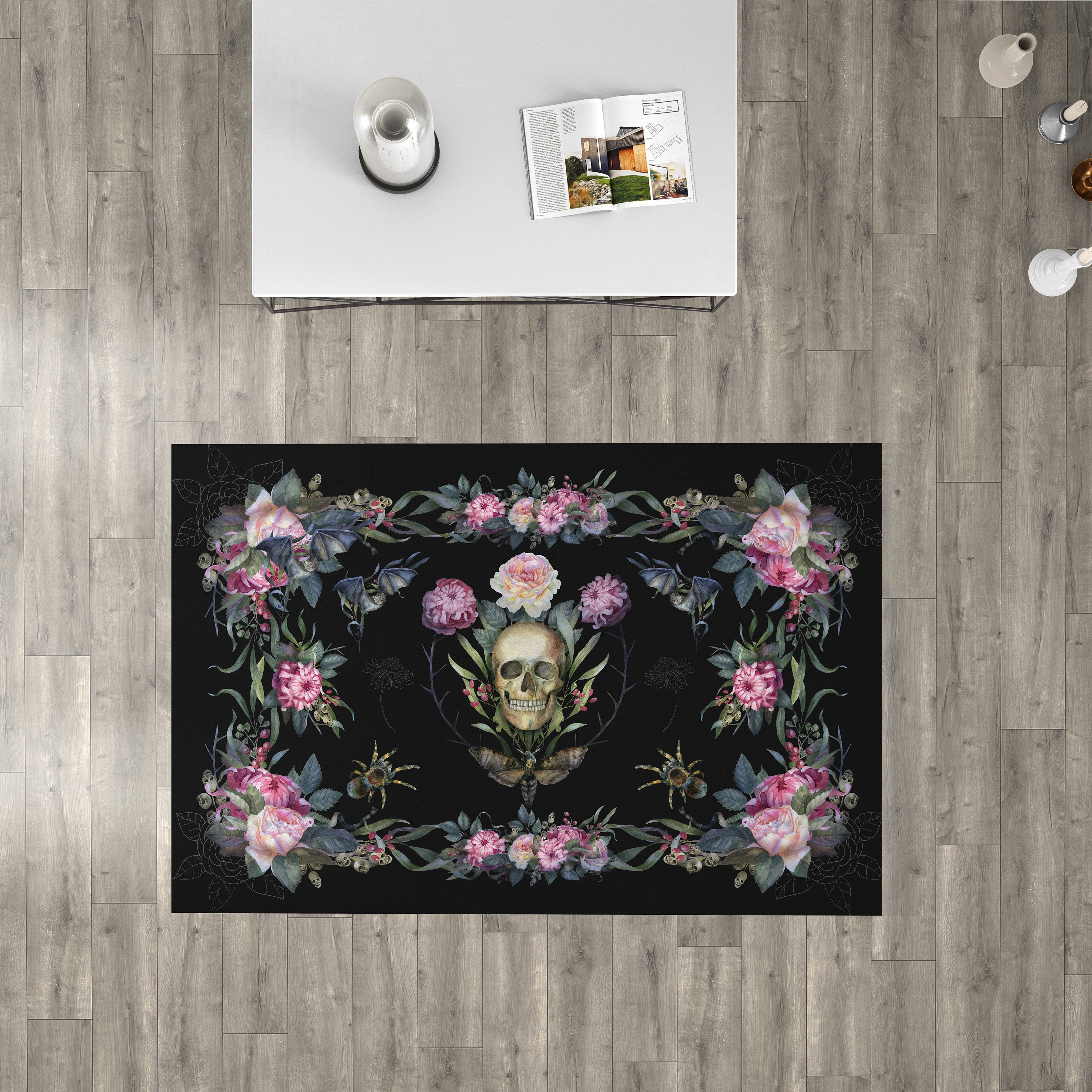Gothic Rug Skull and Roses Area Rug with Watercolor Pink | Etsy