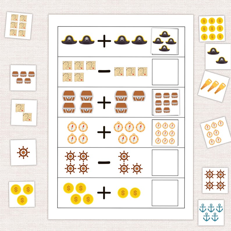 Pirate Beginner Math Worksheets, Preschool Learning Math, Addition and ...