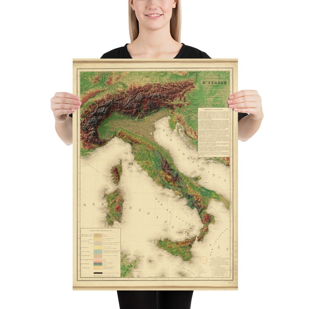 Vintage Relief Map of Italy 1884 in French - Etsy