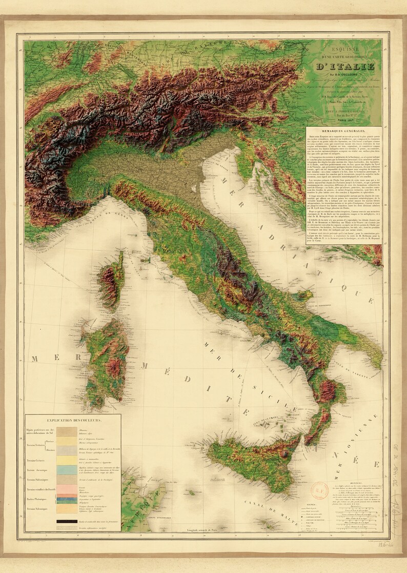 Vintage Relief Map of Italy 1884 in French - Etsy