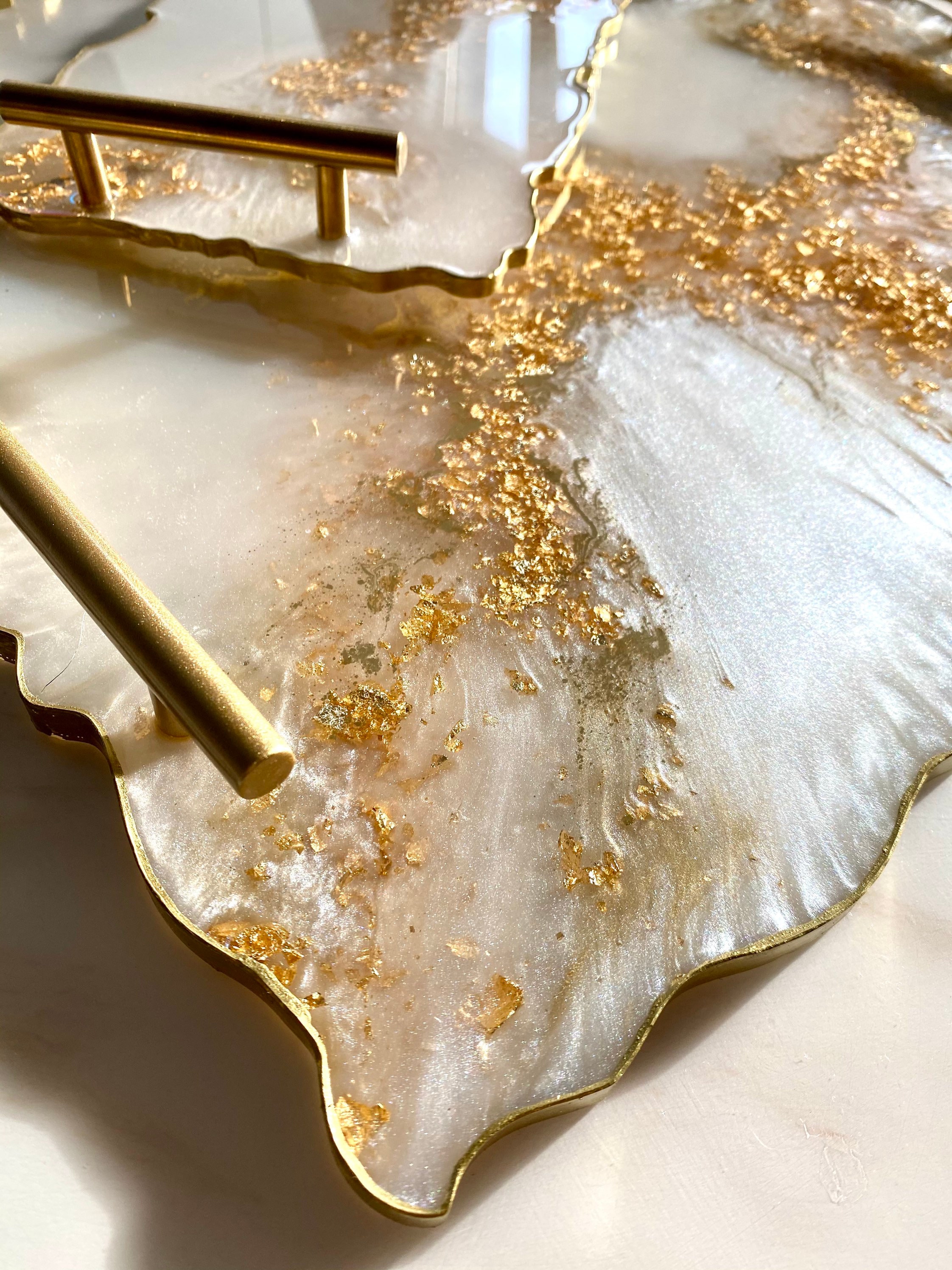 White and gold Resin tray big and small size with gold leaf | Etsy