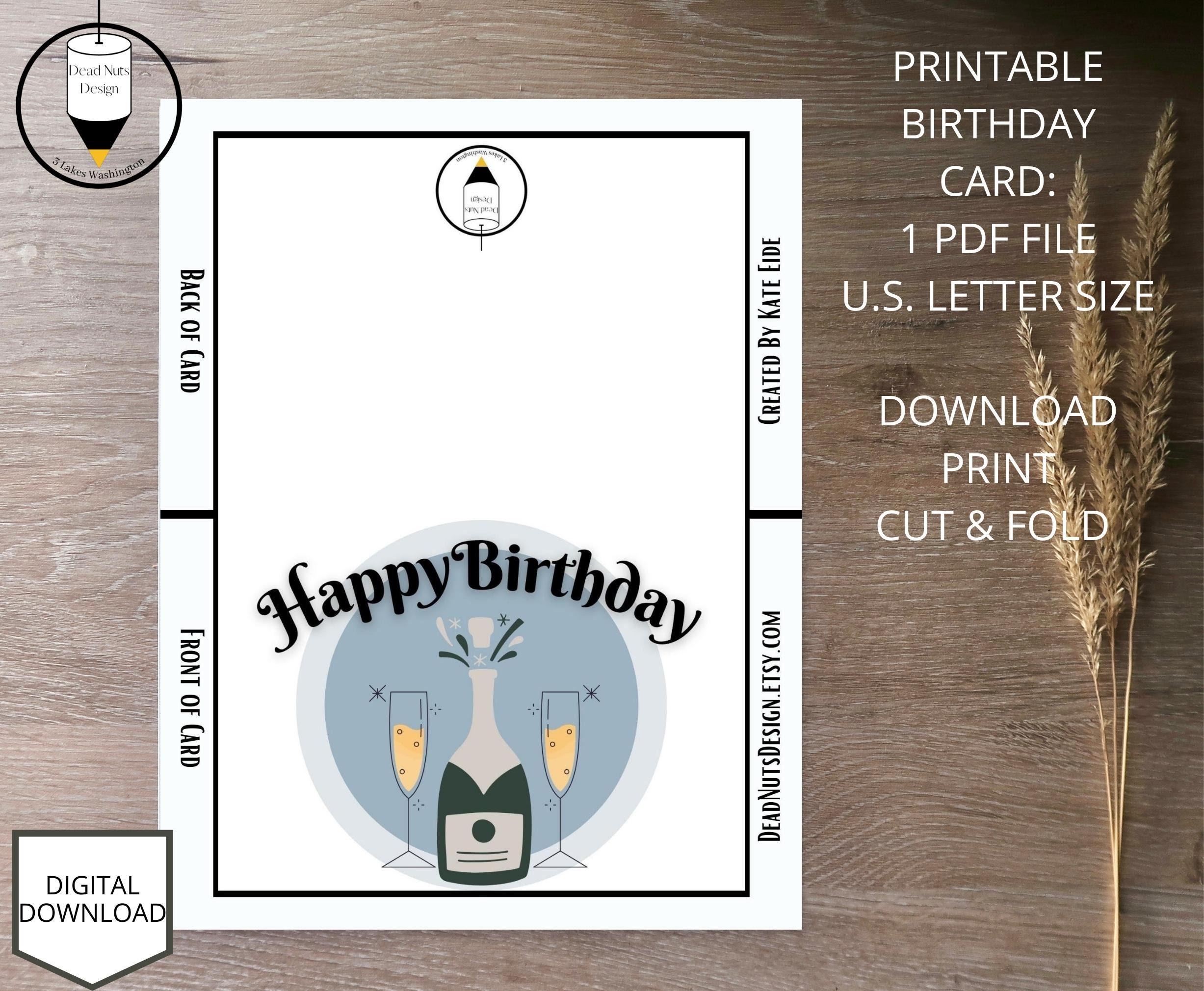 Printable Happy Birthday Champagne Card, Birthday Card Instant Download ...